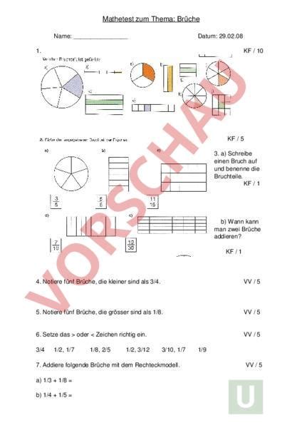Arbeitsblatt Bruchrechen Test Mathematik Brüche Dezimalzahlen