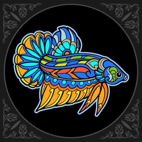 검은 배경에 고립 된 다채로운 Betta 물고기 만다라 예술 프리미엄 벡터