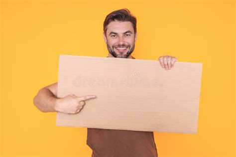 Man Holds Sign Blank Card Placard Ready For Your Product Sign To