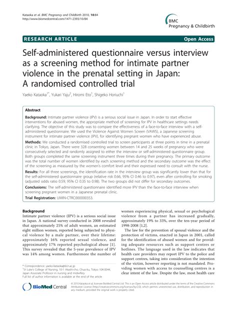 Pdf Self Administered Questionnaire Versus Interview As A Screening Method For Intimate