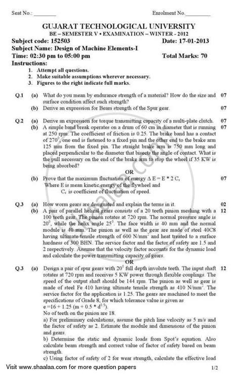 Design Of Machine Elements 1 2012 2013 Bachelor Of Engineering In