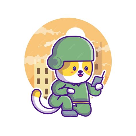 귀여운 고양이 군인 군대 만화 일러스트 레이션 프리미엄 벡터
