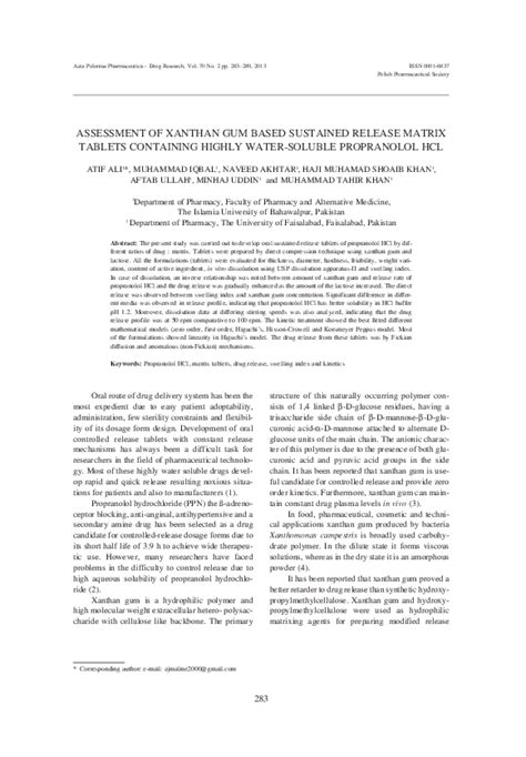 Pdf Assessment Of Xanthan Gum Based Sustained Release Matrix Tablets Containing Highly Water