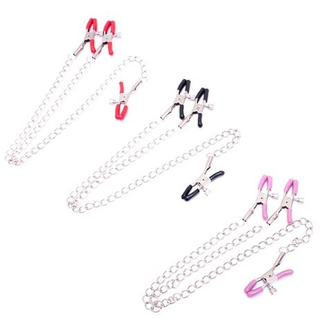 Unisex Pink Coated Clothes Pin Style Nipple Clamps With Chain Sex Flirt
