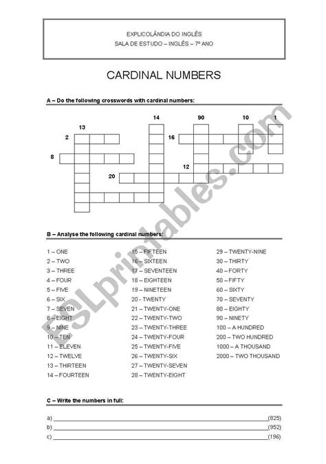 English Worksheets Cardinal Numbers