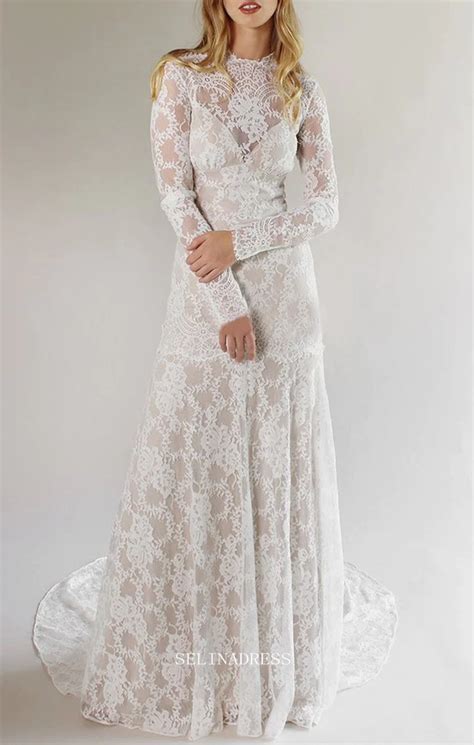Sheath Long Sleeve Wedding Dresses Ivory Lace Wedding Dresses Grdk004