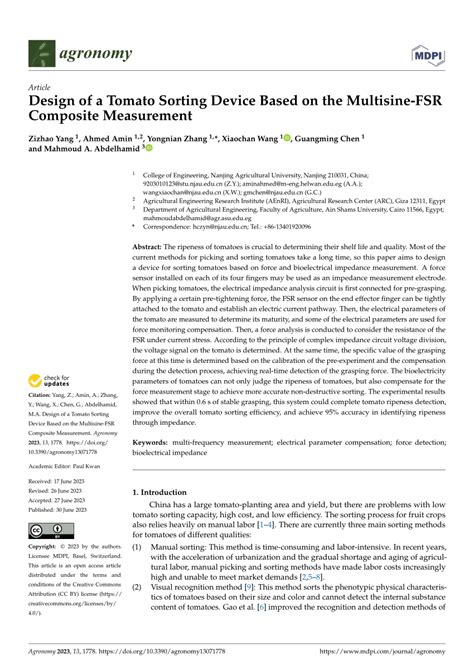 PDF Design Of A Tomato Sorting Device Based On The Multisine FSR Composite Measurement