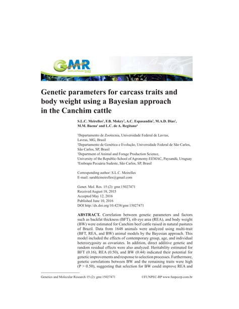 Pdf Genetic Parameters For Carcass Traits And Body Weight Using A Bayesian Approach In The