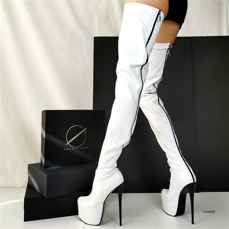 Back Zipper White Gloss Thigh High Boots Tajna Club