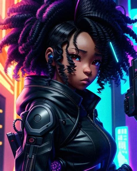 Free Ai Art Generator Cyberpunk Edgerunners Curly Hair Black Woman Weapons Technican