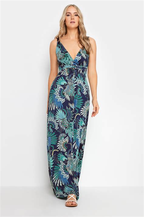 Lts Tall Womens Blue Floral Print V Neck Sleeveless Maxi Dress Long