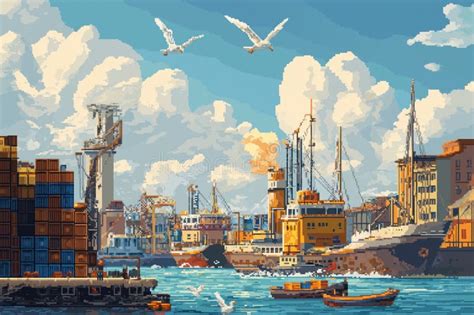 Pixel Art Harbor Scene Shows Ships Docked Cargo Unloaded Seagulls