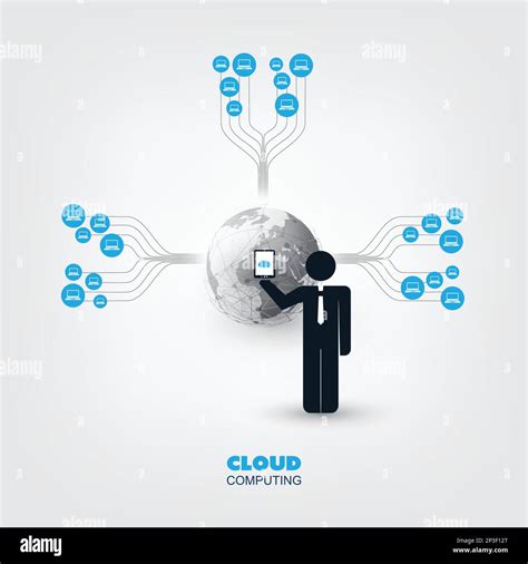 Cloud Computing Business Network Design Concept With A Standing Businessman And Icons Digital