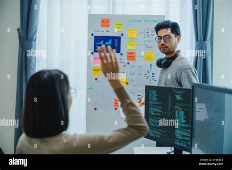 Developer Ask Question To Team Present Project Interface Design With Board And Solving Problem