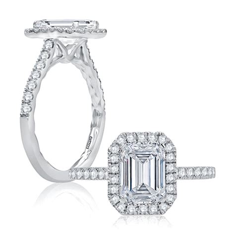 14k Emerald Cut Diamond Halo Engagement Ring With Quilted Interior