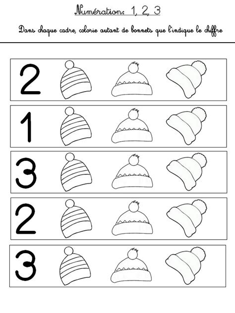 Jeu à imprimer Activites maternelle Hiver Numération 1 à 3 Bonnets 1
