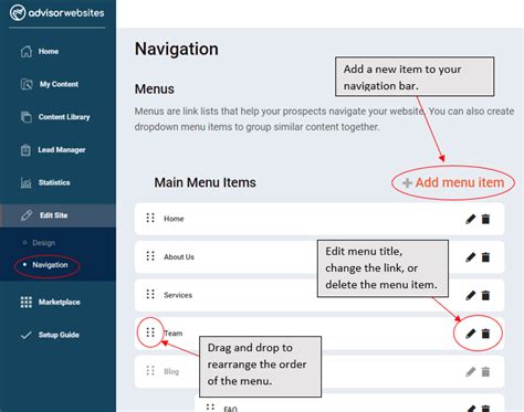 How Do I Update My Main Menu Tabs Advisor Websites
