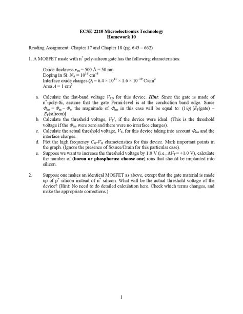 Sample Questions For Assignment 10 Microelectronics Technology Ecse 2210 Docsity