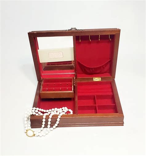 Vintage Wood Jewelry Box Red Interior Jewelry Organ Gem