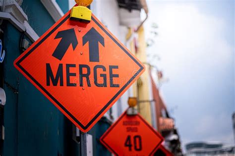 Merge Way Sign On The Street Stock Photo Image Of Color Round 289638956