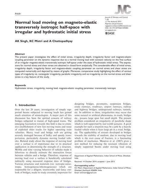 Pdf Normal Load Moving On Magneto Elastic Transversely Isotropic Half Space With Irregular And