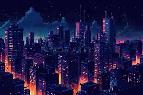 Cityscape Of Night City With Different Buildings Moon And Clouds In