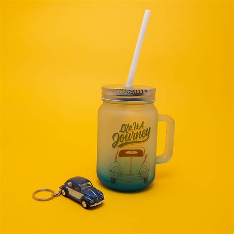 Kit Caneca Mason Jar De Vidro Jateada Azul E Chaveiro Fusca Garagem