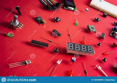 Micro Electronics Arduino Diy Components Over Red Background Top View