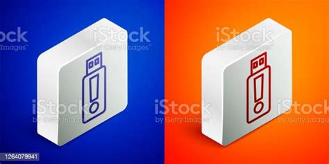 파란색과 주황색 배경에 격리된 등색 라인 Usb 플래시 드라이브 아이콘입니다 실버 스퀘어 버튼 벡터 Usb 케이블에 대한 스톡