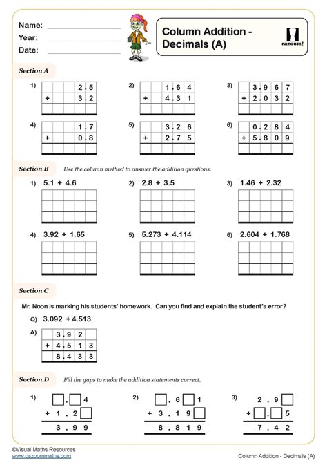 Column Addition Decimals A Worksheet Fun And Engaging Year 5 Pdf Worksheets