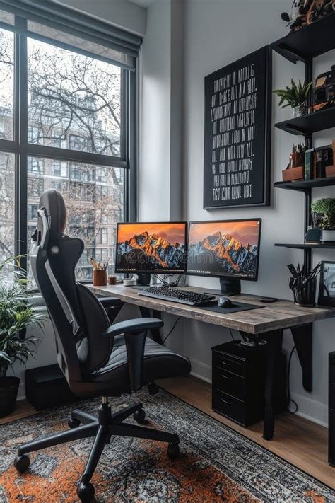 Modern Workspace Setup With Dual Monitors And Greenery In A Well Lit Room During Daylight Stock