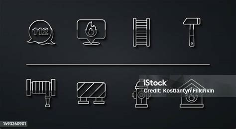 세트 라인 비상 전화 소방 호스 릴 망치 소화전 도로 장벽 화재 화염이 있는 위치 불타는 집 및 탈출 아이콘 벡터 건설 산업에 대한 스톡 벡터 아트 및 기타 이미지 Istock