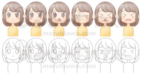 【無料フリー素材】背景透過 水彩風and線画 悲しい・困った表情の女の子のイラスト かわいい無料素材♪まるふーわイラスト