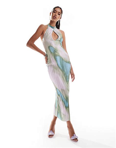 Asos Design Plissee Midikleid Mit Abstraktem Print