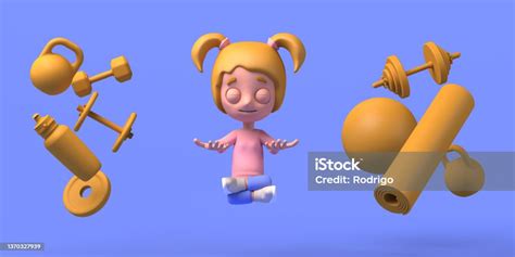 무게 공 매트 주위에 요가를 연습 떠있는 소녀 공간을 복사합니다 3d 일러스트레이션 만화 3차원 형태에 대한 스톡 사진 및 기타 이미지 Istock