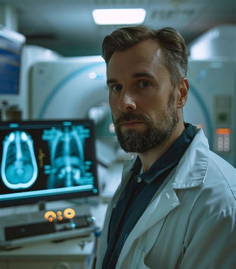 Confident Male Radiologist Standing In A Medical Lab Evaluating