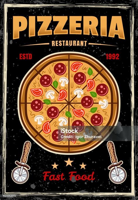 피자 가게 빈티지 컬러 포스터와 풀 탑 뷰 피자 그런지 텍스처와 텍스트가 있는 벡터 일러스트레이션이 별도의 레이어에 있습니다 포스터에 대한 스톡 벡터 아트 및 기타 이미지