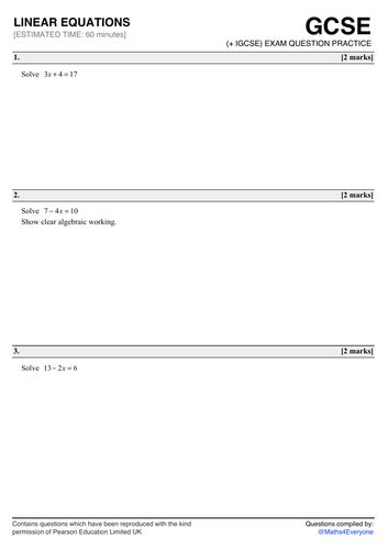 Gcse 9 1 Exam Question Practice Linear Equations Teaching Resources