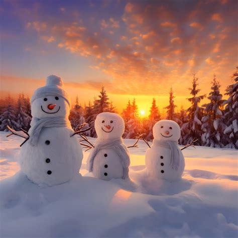 Snowmen On Snow Covered Field In Winter Stock Illustration