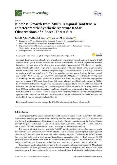 Pdf Biomass Growth From Multi Temporal Tandem X Interferometric Synthetic Aperture Radar