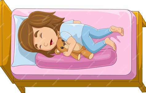 Menina Dos Desenhos Animados Dormindo Com Urso De Pelúcia Na Cama