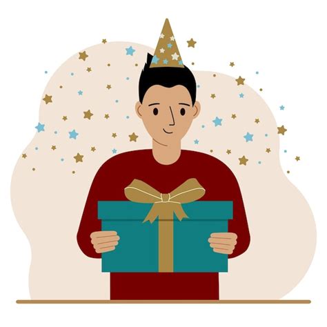 Premium Vector A Man With A Festive Cap Holds A Large Gift Box With A Bow