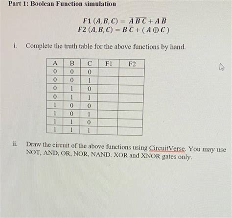 Solved Part Boolean Function Simulation F A B C ABC AB F Answer