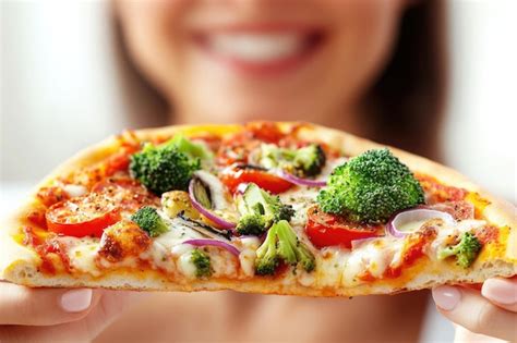 Smiling Woman Holding Fresh Vegetable Pizza Slice Premium Ai