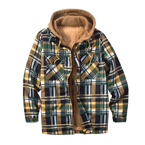 Mens Flannel Hooded Jacket Fleece Lined Plaid Coat Full Zip Up Hoodie