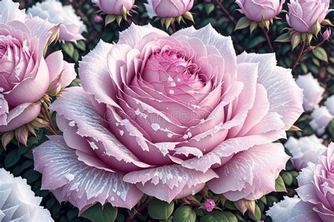 One Frozen Pink Rose Hidden In Bush With Ice Crystals By Ai Generated