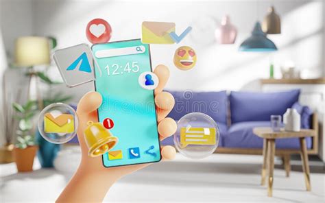 Cute Hand Holding Smart Phone Telegram Icons In Living Room Future