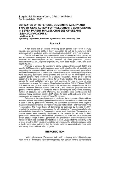 Pdf Estimates Of Heterosis Combining Ability And Type Of Gene Action