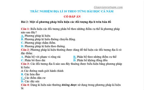 1200 Câu Trắc Nghiệm Địa Lí 10 Theo Từng Bài Học Cả Năm Có Đáp Án