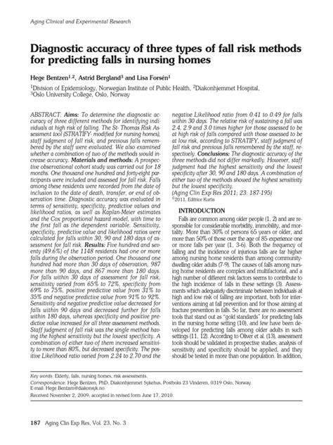 Ex Diagnostic Accuracy Of Three Types Of Fall Risk Methods For Predicting Falls In Nursing